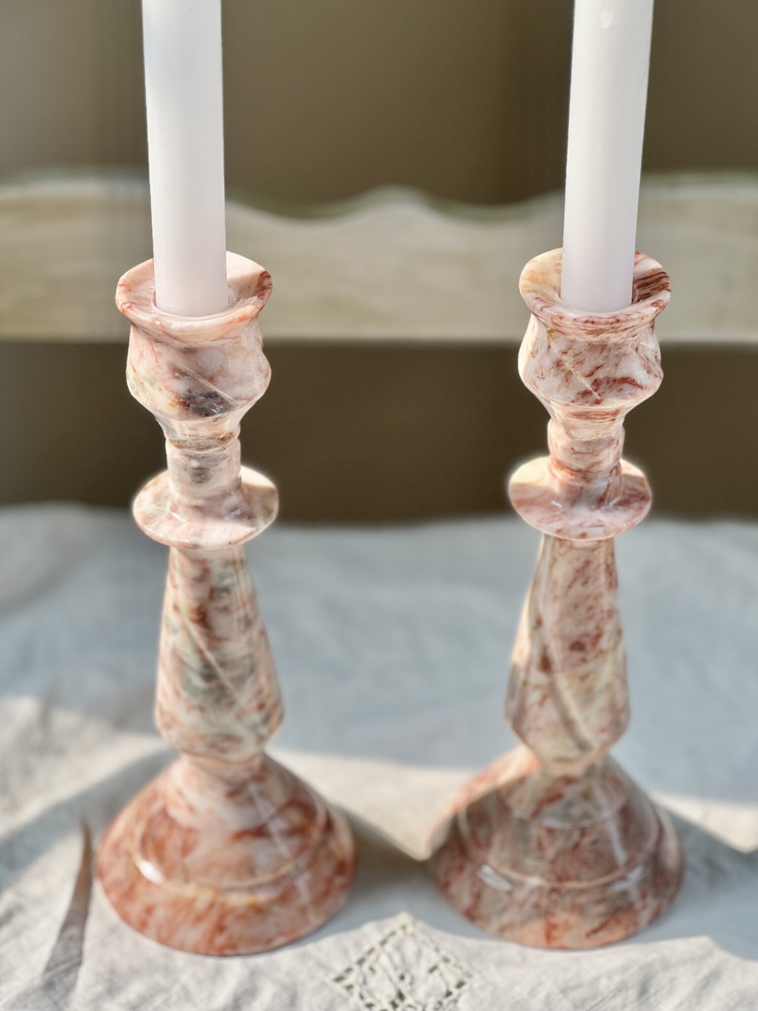 Vintage Stone Carved Pink Marble Candlesticks | Vintage Keepers