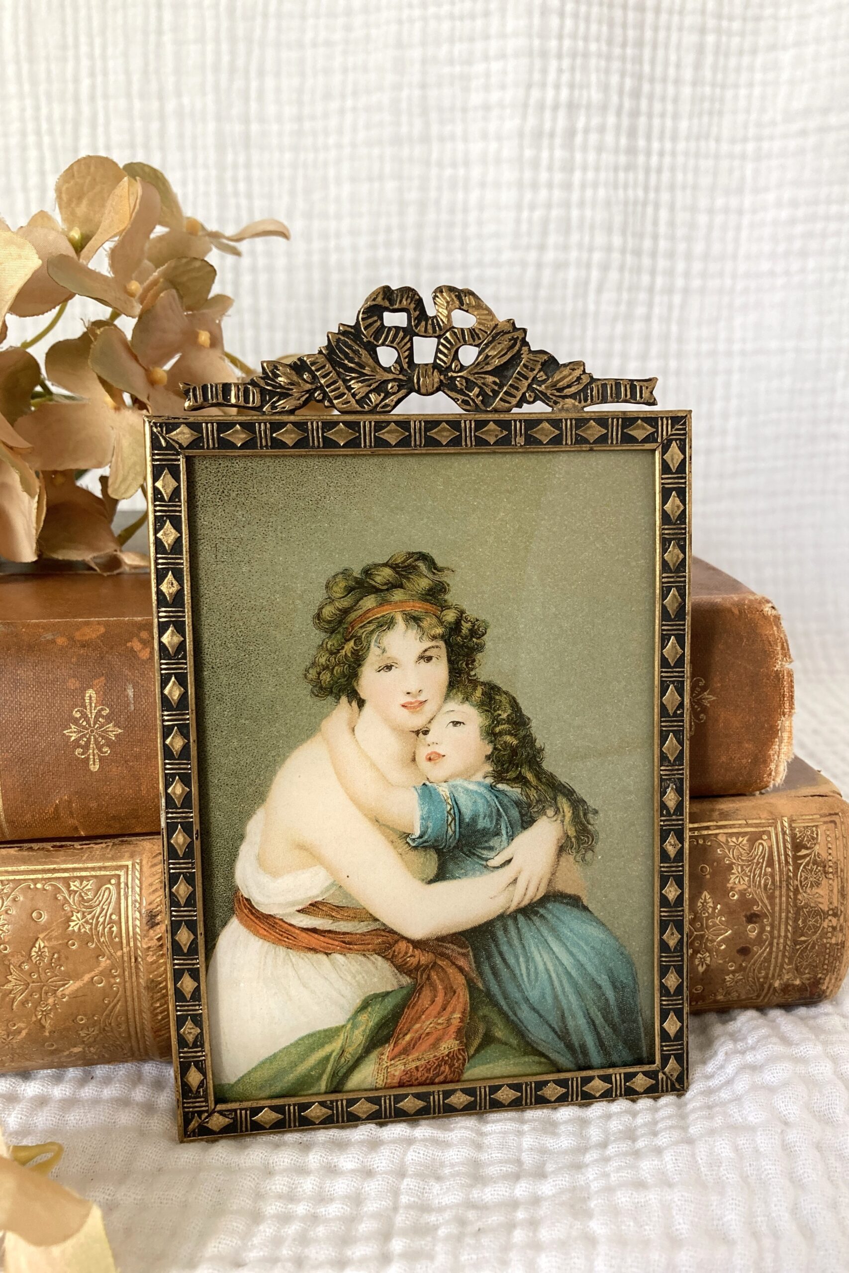 Vintage to Antique Miniature Frame with Convex Glass and Print of Self-Portrait with Daughter ...