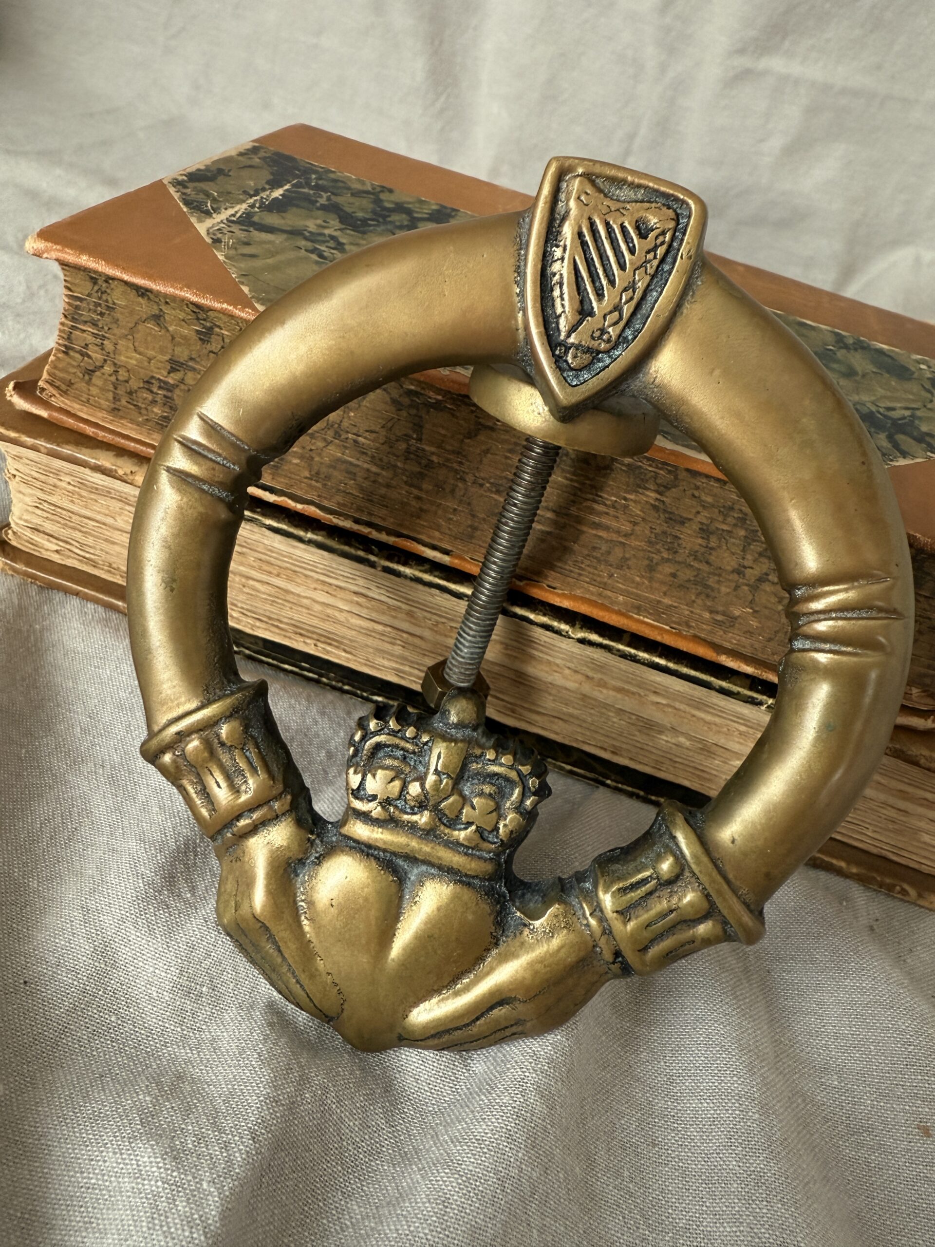 Vintage Brass Claddagh Door Knocker with Irish Harp 5.25″ | Vintage Keepers