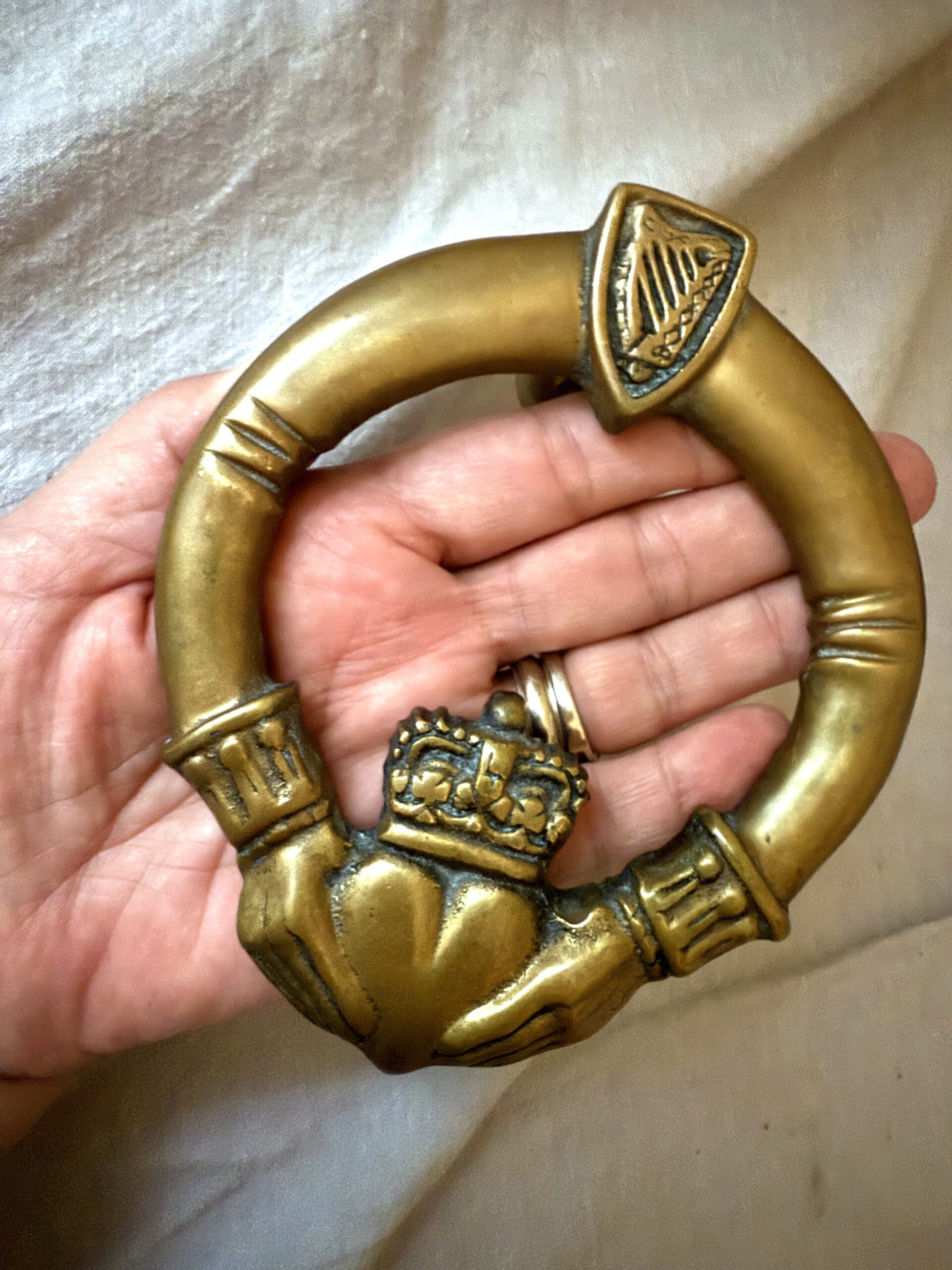 Vintage Brass Claddagh Door Knocker with Irish Harp 5.25″ | Vintage Keepers