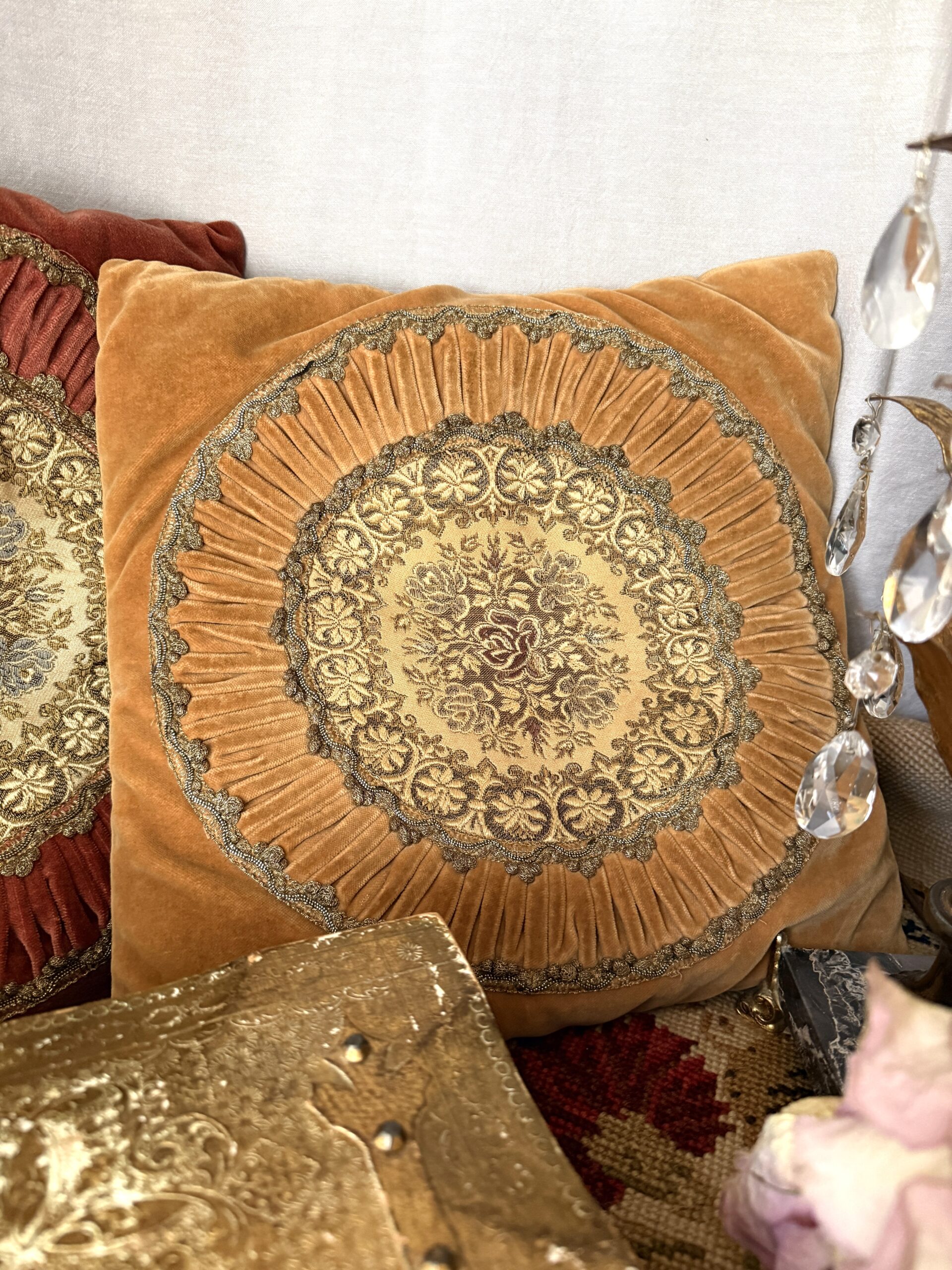 Vintage Velvet Throw Pillows with Brocade Inserts and Metallic Gold ...