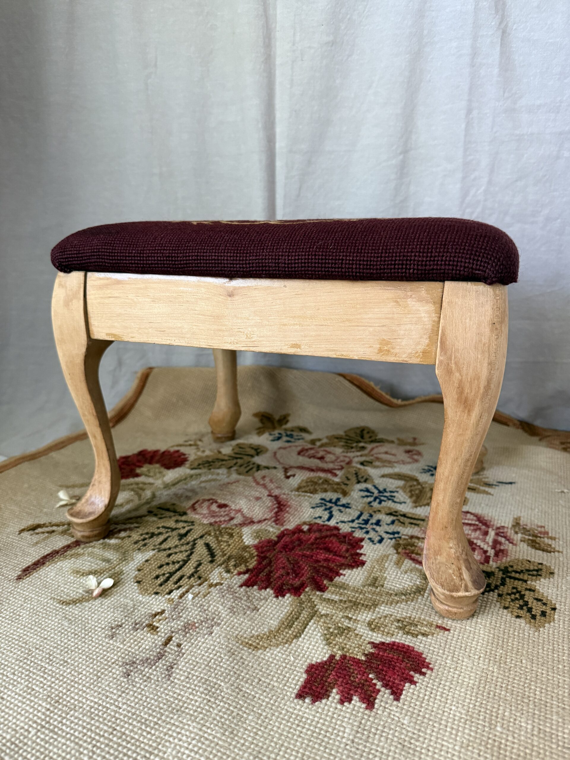 Vintage Needlepoint Footstool with Burgundy Floral Motif and Queen Anne ...