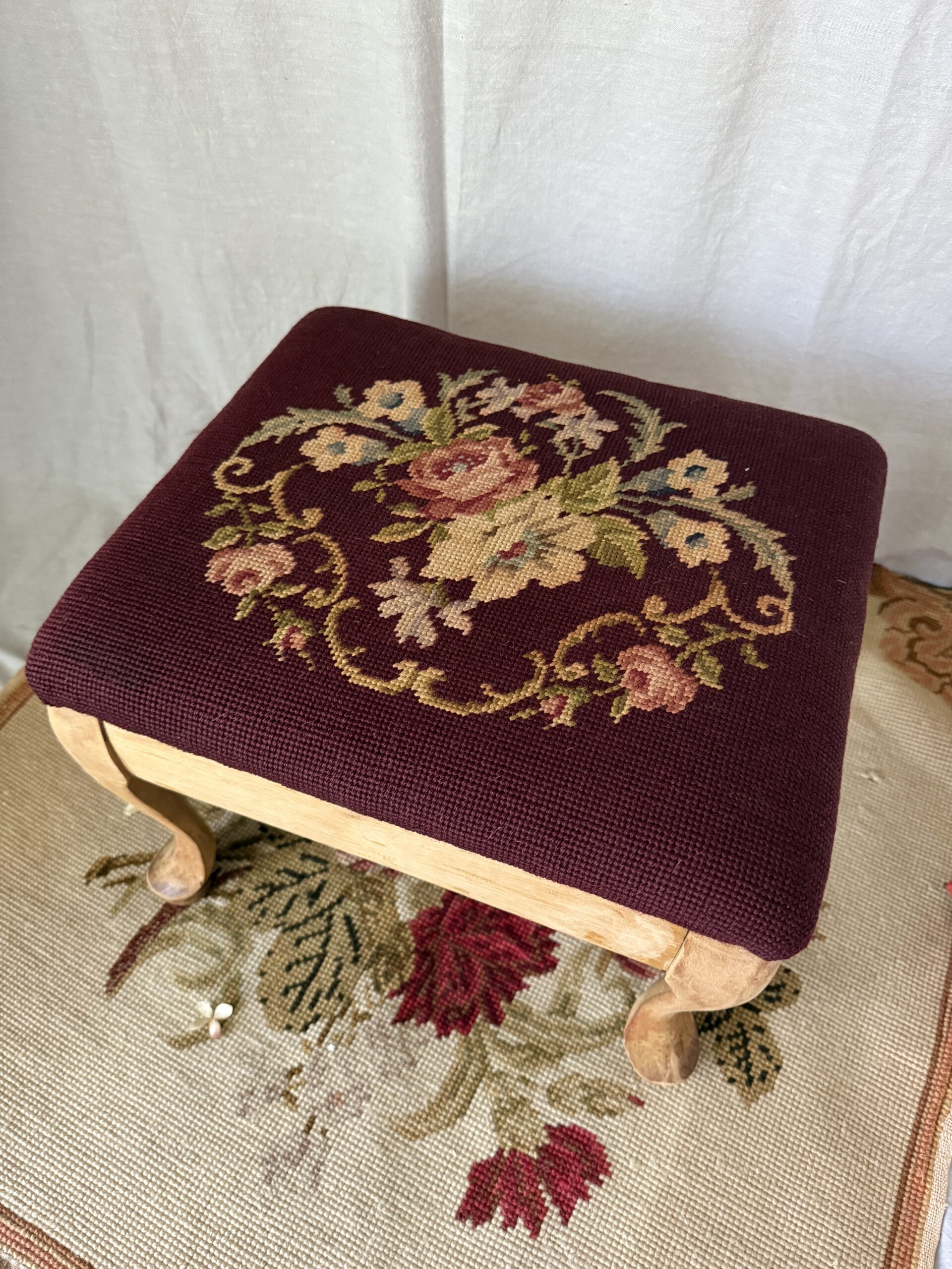 Vintage Needlepoint Footstool with Burgundy Floral Motif and Queen Anne ...