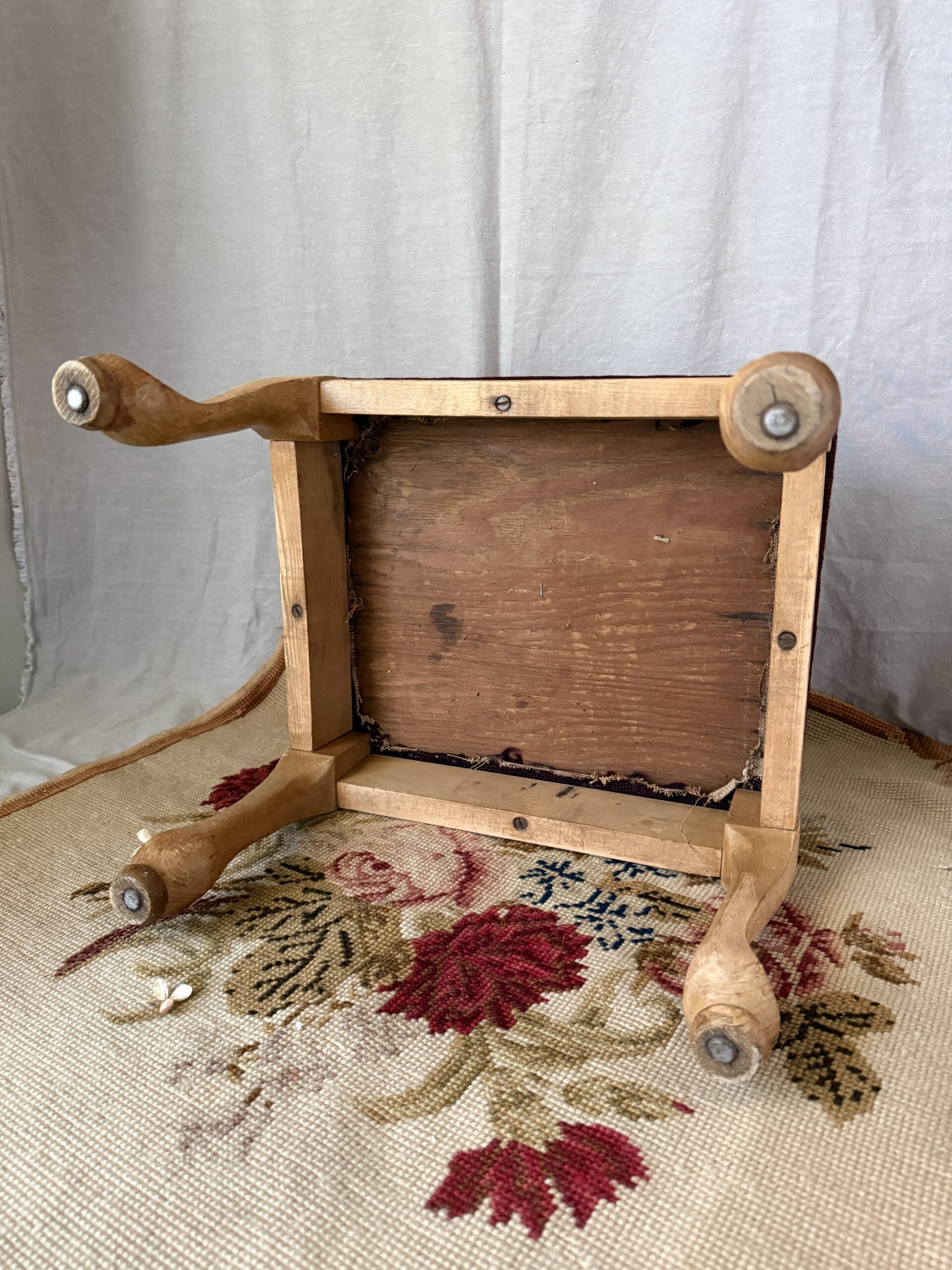 Vintage Needlepoint Footstool with Burgundy Floral Motif and Queen Anne ...