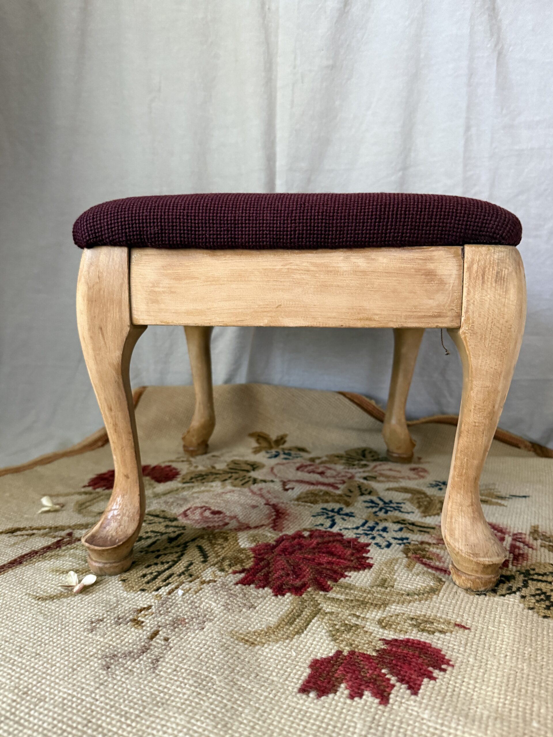 Vintage Needlepoint Footstool with Burgundy Floral Motif and Queen Anne ...